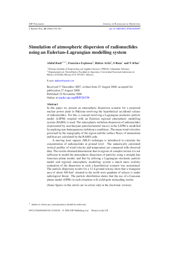 Pdf Simulation Of Atmospheric Dispersion Of Radionuclides Using An Eulerian Lagrangian