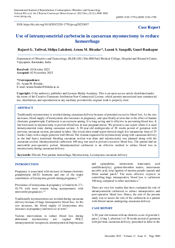 (PDF) Use of intramyometrial carbetocin in caesarean myomectomy to ...