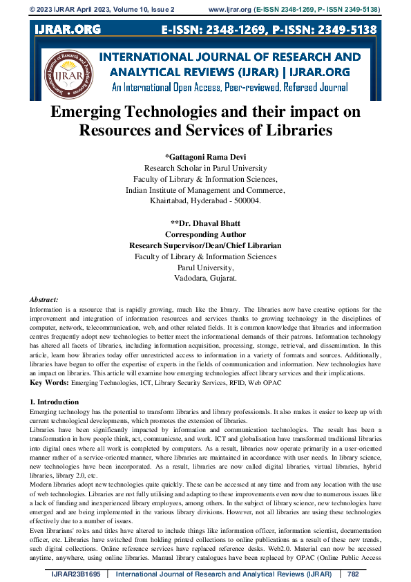 (PDF) Emerging Technologies and their impact on Resources and Services of Libraries