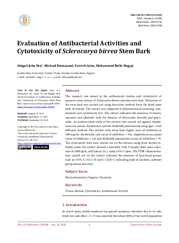 (PDF) Evaluation of Antibacterial Activities and Cytotoxicity of Sclerocarya birrea Stem Bark