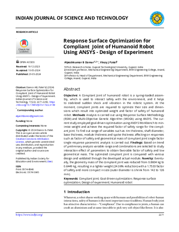 (PDF) Response Surface Optimization for Compliant Joint of Humanoid Robot Using ANSYS - Design ...