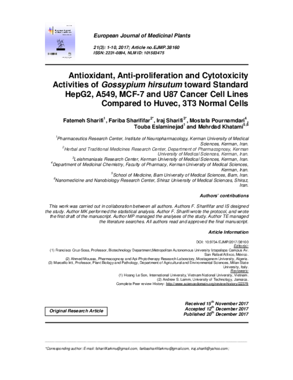 (PDF) Antioxidant, Anti-proliferation and Cytotoxicity Activities of Gossypium hirsutum toward ...