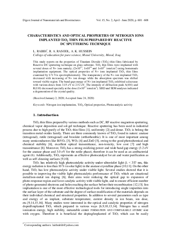 (PDF) CHARACTERISTICS AND OPTICAL PROPERTIES OF NITROGEN IONS IMPLANTED TiO2 THIN FILM PREPARED ...