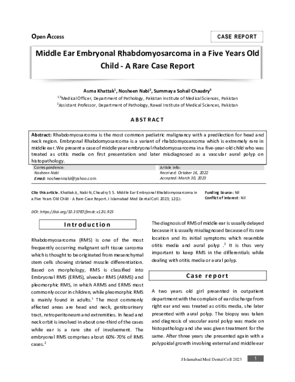 (PDF) Middle Ear Embryonal Rhabdomyosarcoma in a Five Years Old Child - A Rare Case Report ...