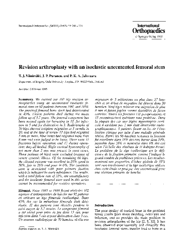 (PDF) Revision arthroplasty with an isoelastic uncemented femoral stem