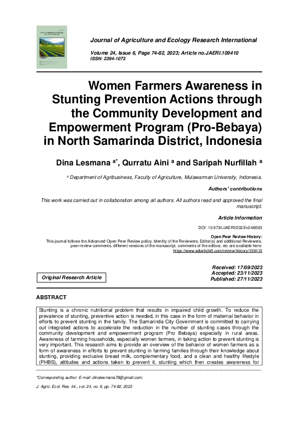 (PDF) Women Farmers Awareness in Stunting Prevention Actions through the Community Development ...
