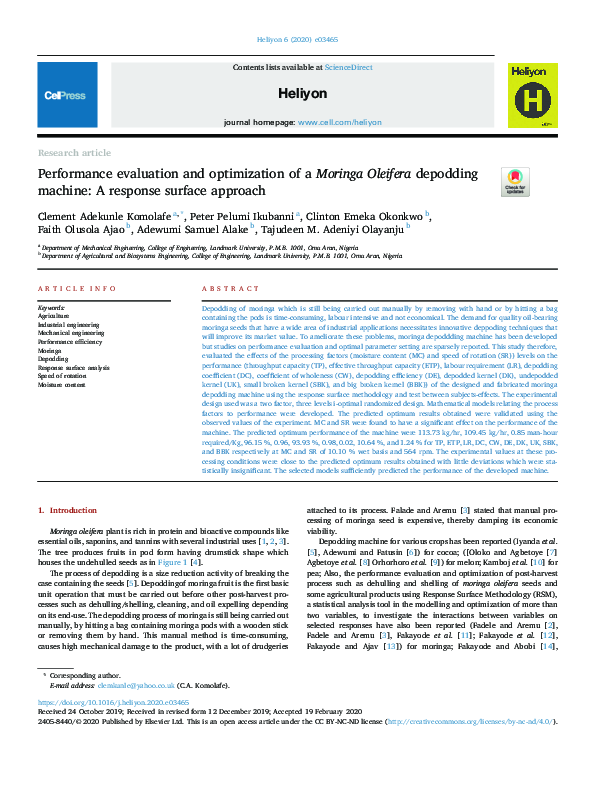 (PDF) Performance evaluation and optimization of a Moringa Oleifera depodding machine: A ...
