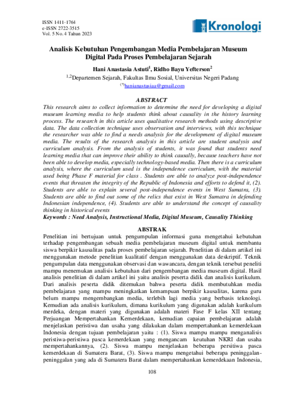 (PDF) Kebutuhan Pengembangan Media Pembelajaran Museum Digital untuk Membantu Siswa Berpikir ...
