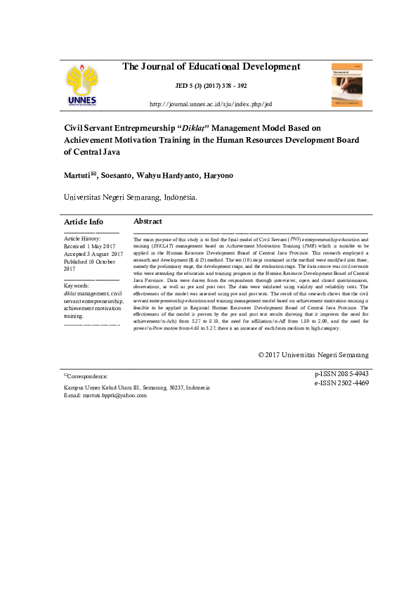 (PDF) Civil Servant Entreprneurship “Diklat” Management Model Based on Achievement Motivation ...