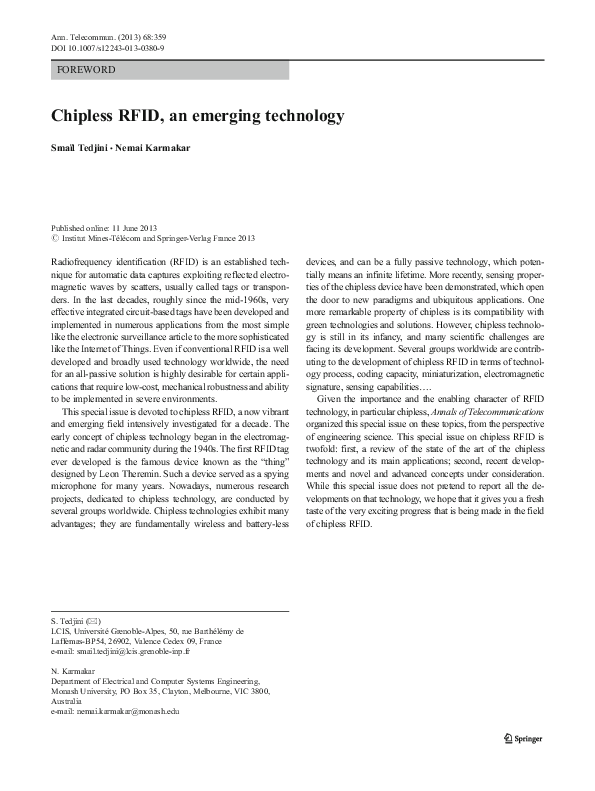 (PDF) Chipless RFID, an emerging technology