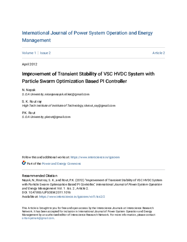 (PDF) Improvement of Transient Stability of VSC HVDC System with Particle Swarm Optimization ...