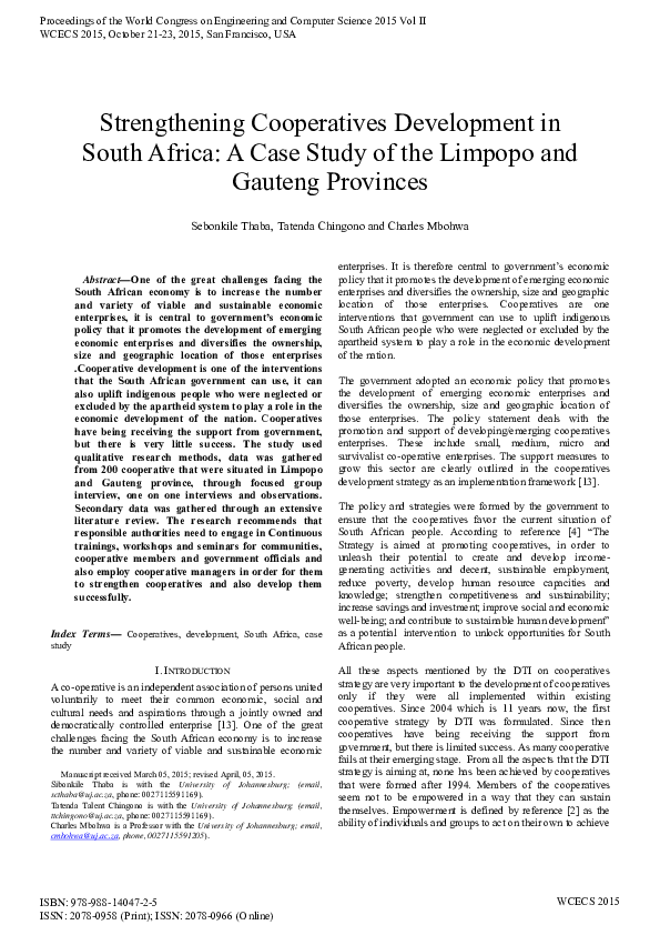 (PDF) Strengthening Cooperatives Development in South Africa : A Case Study of the Limpopo and ...