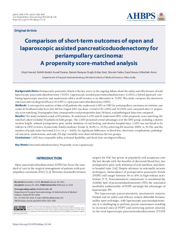 (PDF) Comparison of short-term outcomes of open and laparoscopic assisted ...
