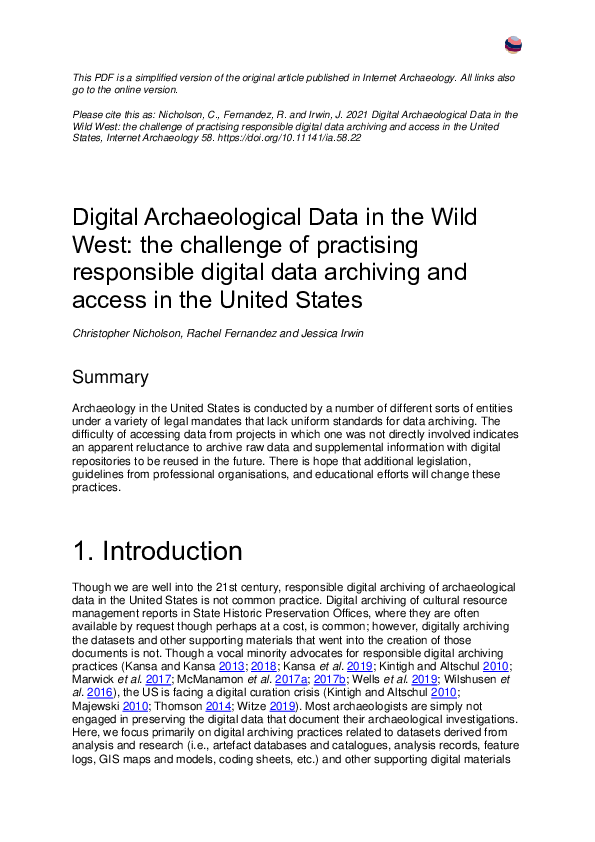 (PDF) Digital Archaeological Data in the Wild West: the challenge of practising responsible ...