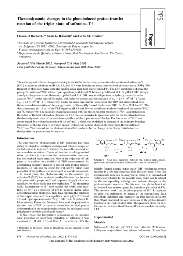 (PDF) Thermodynamic changes in the photoinduced proton-transfer ...