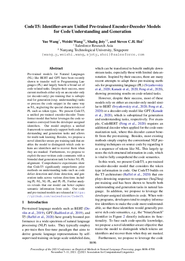 (PDF) CodeT5: Identifier-aware Unified Pre-trained Encoder-Decoder Models for Code Understanding ...
