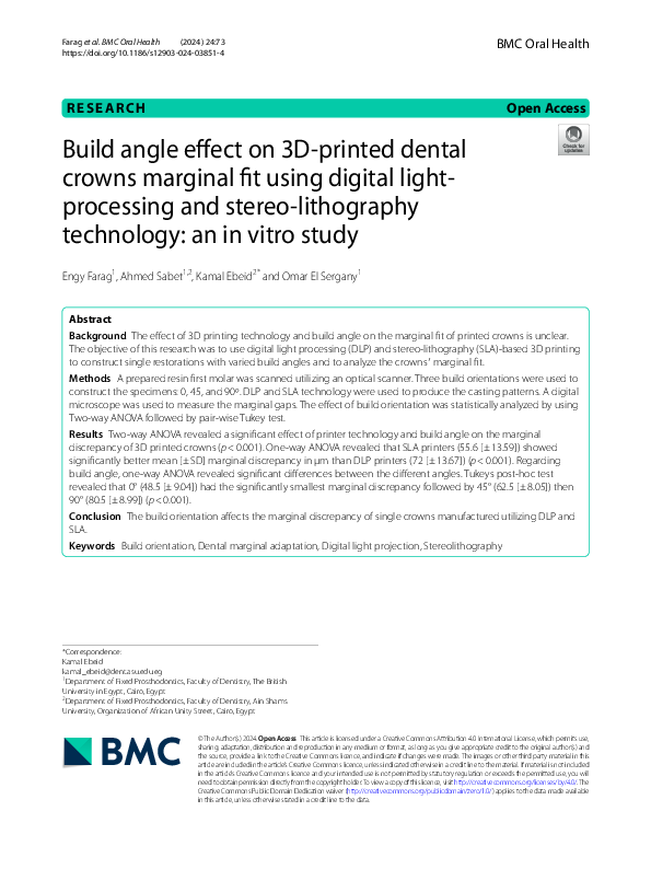 (PDF) Build angle effect on 3D-printed dental crowns marginal fit using ...