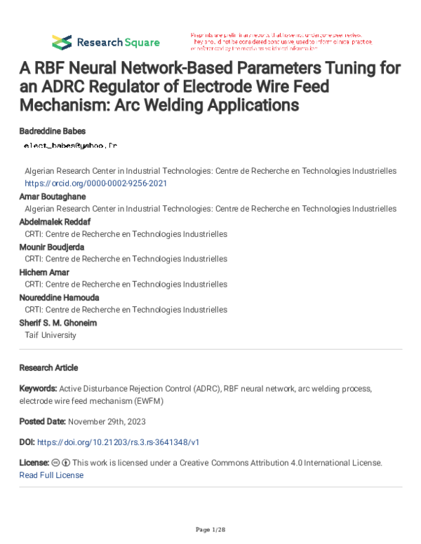 (PDF) A RBF Neural Network-Based Parameters Tuning for an ADRC Regulator of Electrode Wire Feed ...