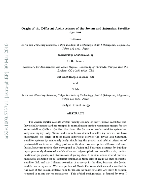 (PDF) Origin of the Different Architectures of the Jovian and Saturnian ...
