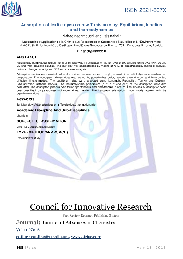 (PDF) Adsorption of textile dyes on raw Tunisian clay: Equilibrium, kinetics and thermodynamics