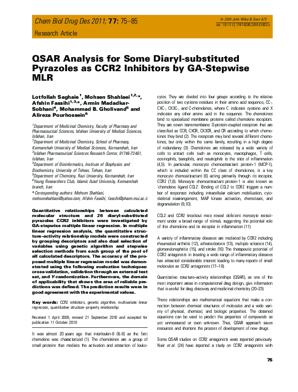 (PDF) QSAR Analysis for Some Diaryl-substituted Pyrazoles as CCR2 Inhibitors by GA-Stepwise MLR