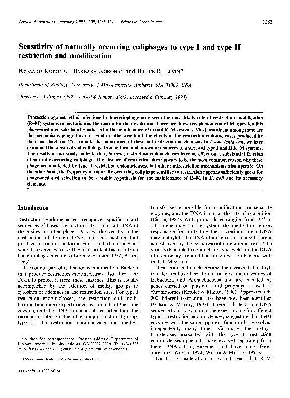 (PDF) Sensitivity of naturally occurring coliphages to type I and type ...