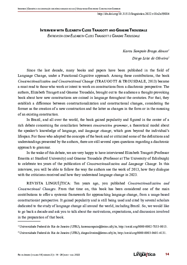 (PDF) Interview with Elizabeth Closs Traugott and Graeme Trousdale