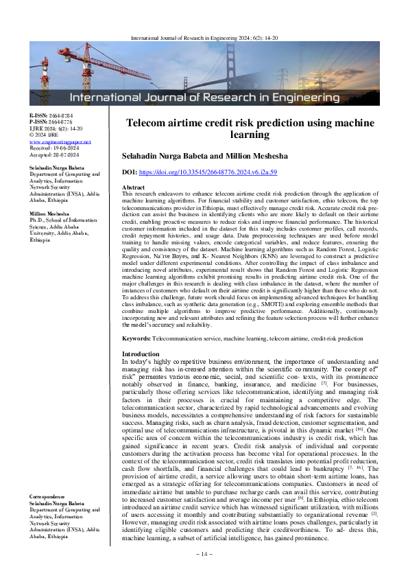 (PDF) Telecom airtime credit risk prediction using machine learning