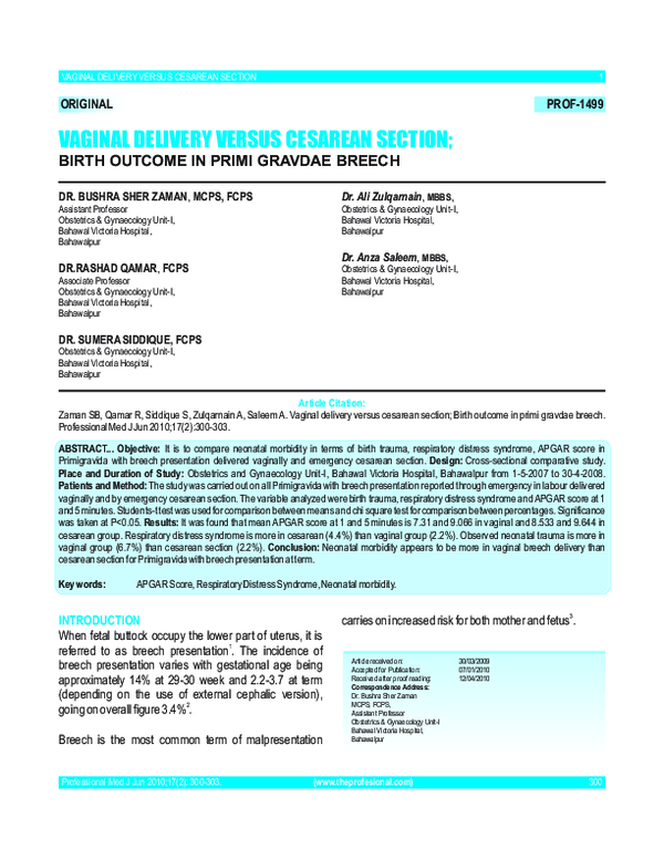 Pdf Vaginal Delivery Versus Cesarean Section