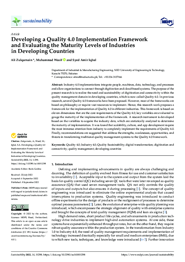 (PDF) Developing a Quality 4.0 Implementation Framework and Evaluating the Maturity Levels of ...