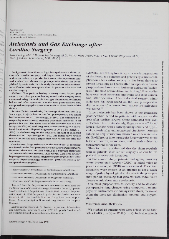 (PDF) Atelectasis and Gas Exchange after Cardiac Surgery