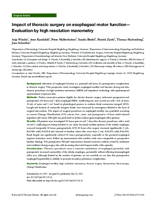 (PDF) Impact of thoracic surgery on esophageal motor function ...