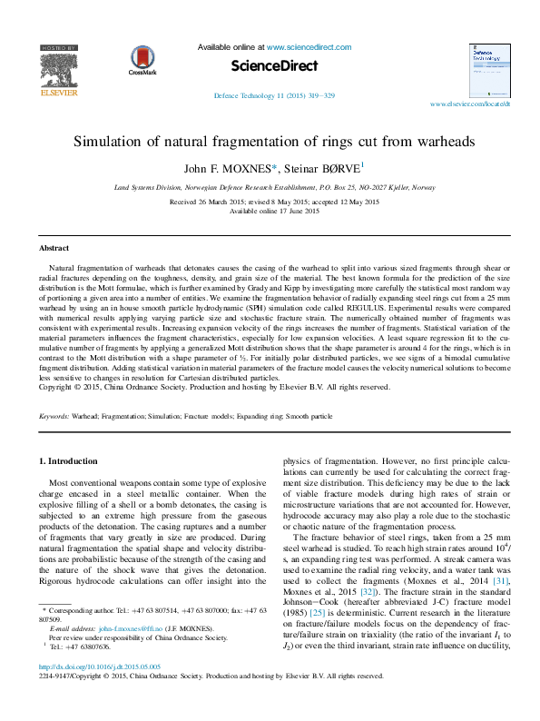 (PDF) Simulation of natural fragmentation of rings cut from warheads