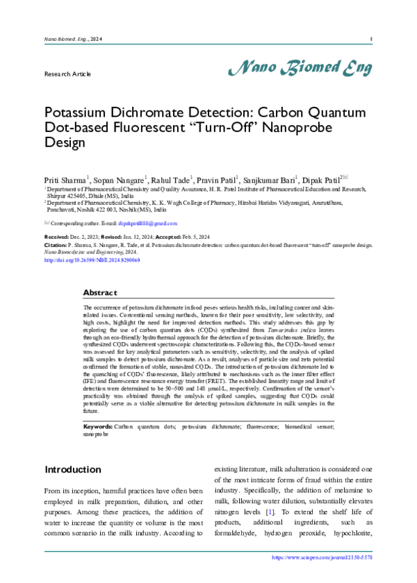(PDF) CQD-Based Fluorescent Sensor for K2Cr2O7 Detection
