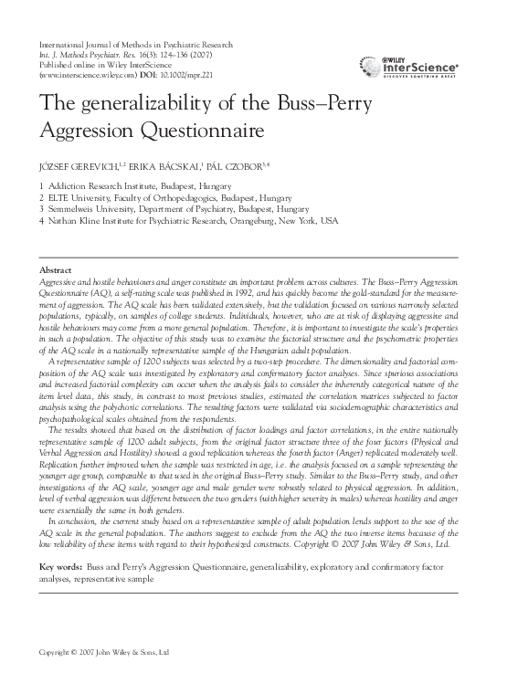 (PDF) The generalizability of the Buss–Perry Aggression Questionnaire