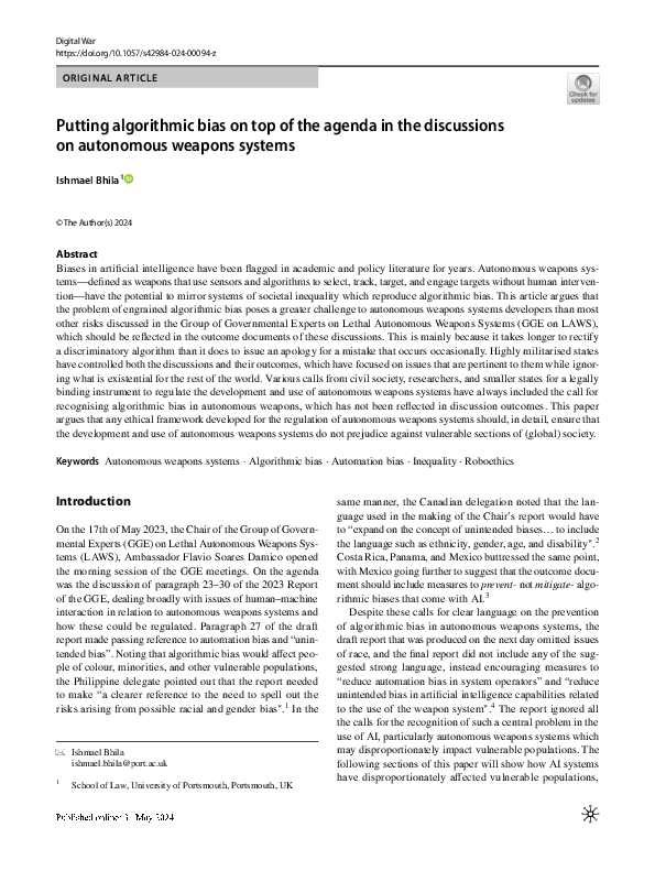(PDF) Putting algorithmic bias on top of the agenda in the discussions on autonomous weapons systems