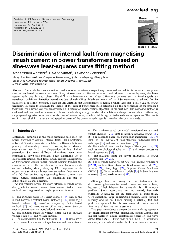 (PDF) Discrimination of internal fault from magnetising inrush current ...