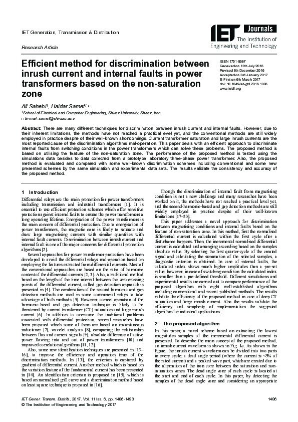 (PDF) Efficient method for discrimination between inrush current and internal faults in power ...