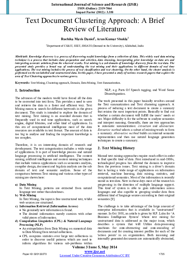 (PDF) Text Document Clustering Approach: A Brief Review of Literature