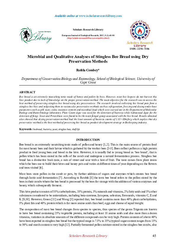 (PDF) Microbial and Qualitative Analyses of Stingless Bee Bread using DryPreservation Methods