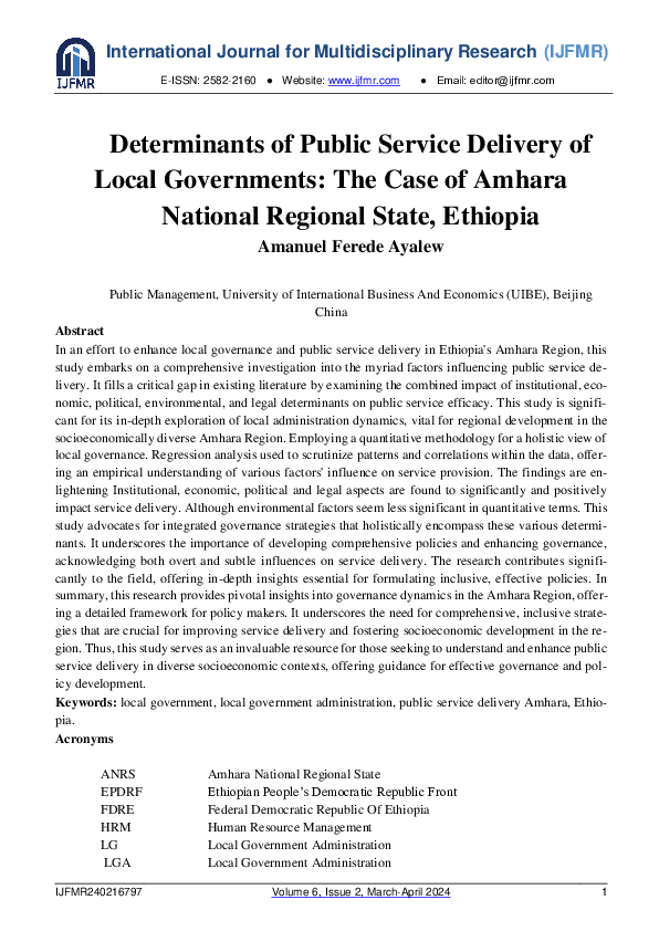 (PDF) Determinants of Public Service Delivery of Local Governments: The Case of Amhara National ...