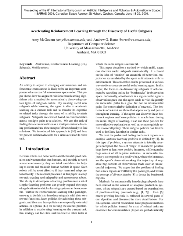 (PDF) Accelerating Reinforcement Learning through the Discovery of Useful Subgoals