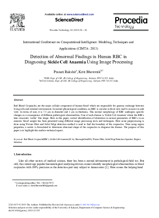 (PDF) Detection of Abnormal Findings in Human RBC in Diagnosing Sickle ...