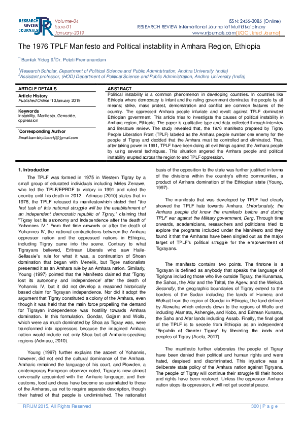(PDF) The 1976 TPLF Manifesto and Political instability in Amhara ...