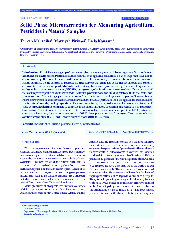 (PDF) Solid Phase Microextraction for Measuring Agricultural Pesticides in Natural Samples