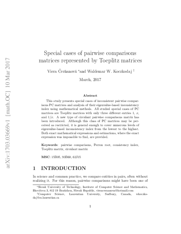 (PDF) Inconsistency of special cases of pairwise comparisons matrices