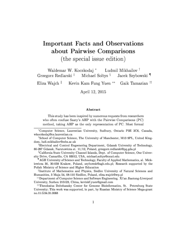 (PDF) Important Facts and Observations about Pairwise Comparisons (the special issue edition ...
