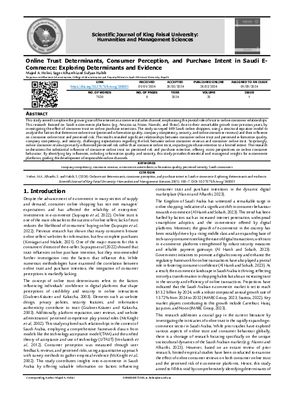 Pdf Online Trust Determinants Consumer Perception And Purchase Intent In Saudi E Commerce