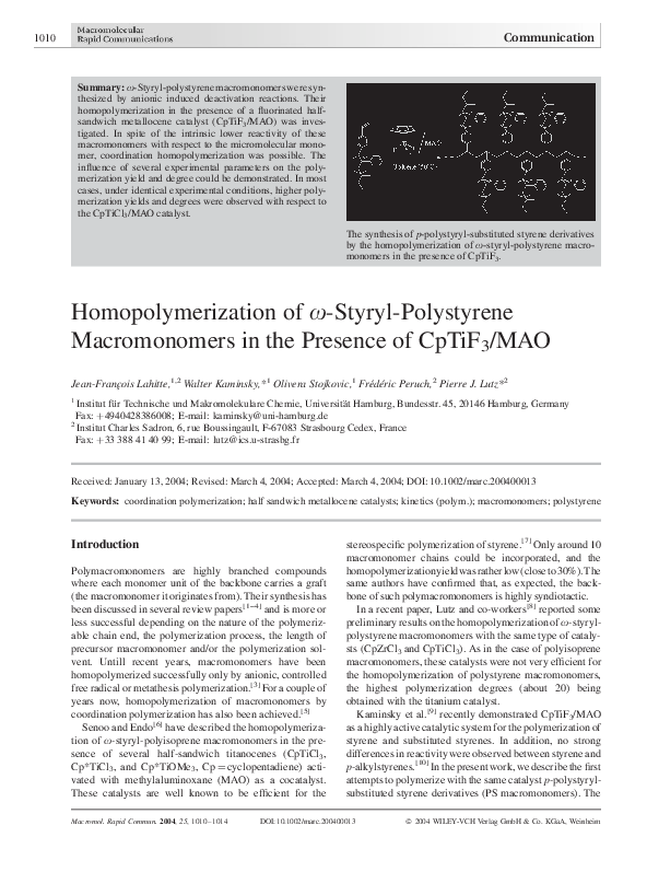 (PDF) Homopolymerization of ω‐Styryl‐Polystyrene Macromonomers in the ...