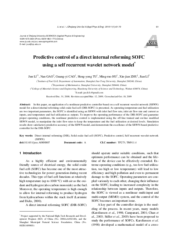 (PDF) Predictive control of a direct internal reforming SOFC using a self recurrent wavelet ...